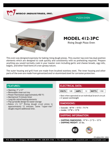 Wisco Industries 412-3PC Pizza Oven Spec Sheet | Manualzz