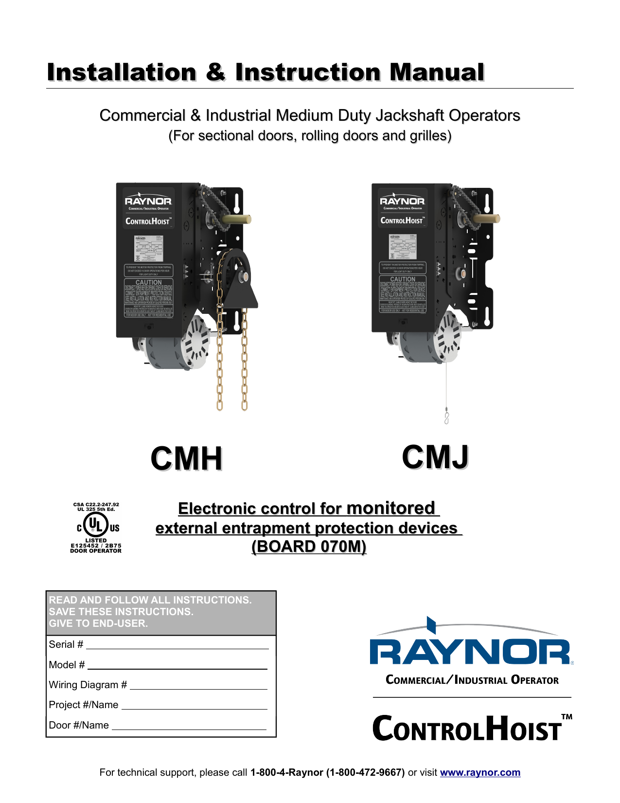 Raynor ControlHoist™ Basic Installation Instructions | Manualzz