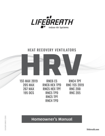 Lifebreath RNC205 RNC 205 Residential Heat Recovery Ventilator Owner's ...