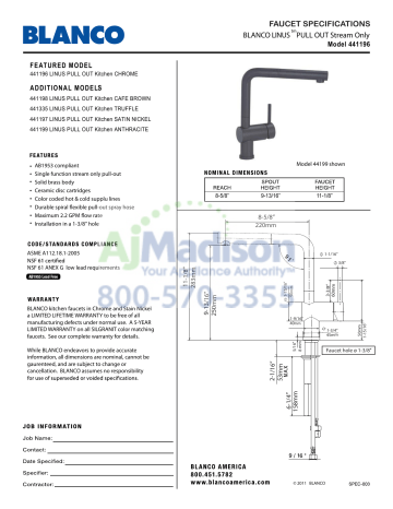 Blanco 441196 Single Lever Pull-Out Kitchen Faucet Spec Sheet | Manualzz