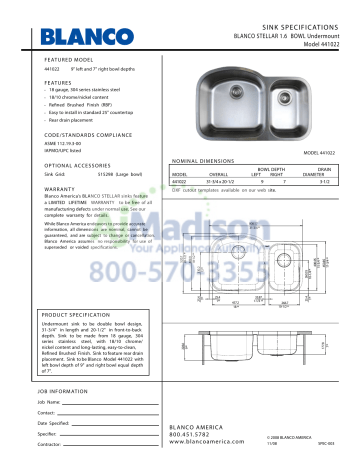 Blanco 441022 32 Inch Undermount Double Bowl Stainless Steel Sink Spec ...