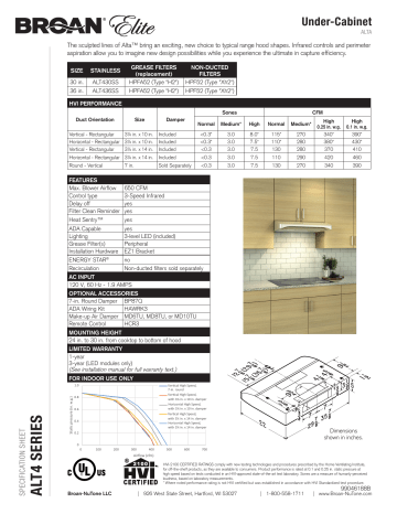 Broan ALT430SS Under Cabinet Range Hood Spec Sheet | Manualzz