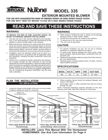 Broan 335 1200 CFM Exterior Blower Installation Guide | Manualzz