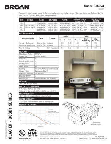 Broan BCSD130SS 30 Inch Under Cabinet Range Hood Spec Sheet | Manualzz