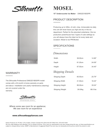 Danby DIM32D1BSSPR 15 Inch Undercounter Ice Maker Spec Sheet | Manualzz