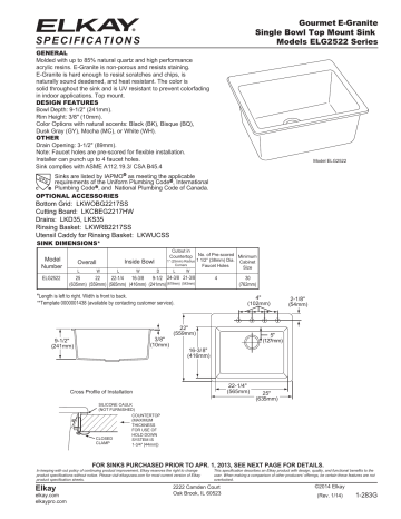 Elkay ELG2522BQ 25 Inch Drop-In Kitchen Sink Spec Sheet | Manualzz