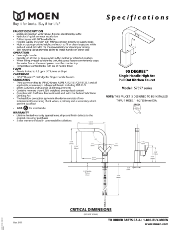 Moen S7597C Single Lever Pull-Out Kitchen Faucet Spec Sheet | Manualzz
