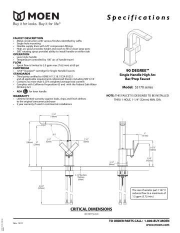 Moen S5170 Chrome one-handle high arc bar faucet Spec Sheet | Manualzz