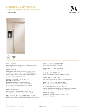 Monogram ZISB420DNII 42 Inch Built-In Side-by-Side Smart Refrigerator ...