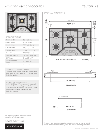 Monogram ZGU30RSLSS Cooktop Specification | Manualzz