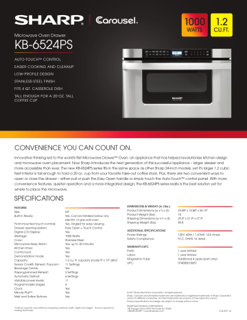Sharp KB6524PSY 24 Inch Microwave Oven Drawer Spec Sheet | Manualzz