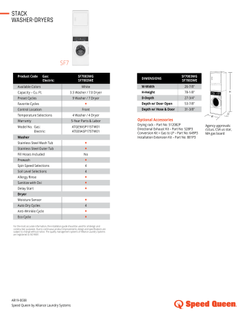 Speed Queen SF7003WG 27 Inch Gas Laundry Center Spec Sheet | Manualzz