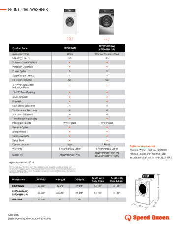 Speed Queen FR7002WN Washer Specification | Manualzz