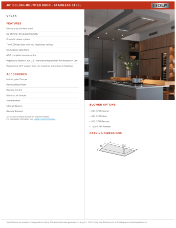 Wolf VC48S 48 Inch Ceiling Mount Hood Quick Reference Guide | Manualzz