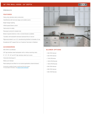 Wolf PW362418 Wall Mount Canopy Range Hood Spec Sheet | Manualzz