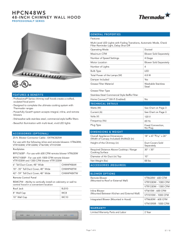 Thermador HPCN48WS Range Hood Specification | Manualzz