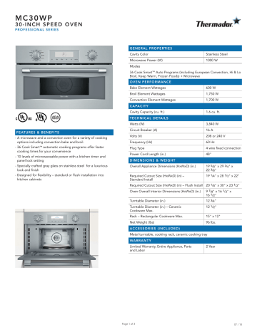Thermador MC30WP 30 Inch Speed Oven Spec Sheet | Manualzz