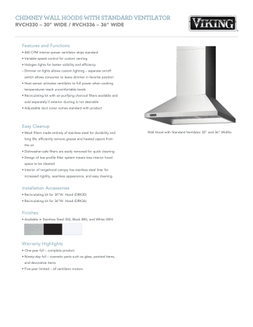 Viking RVCH336SS 36 Inch Wall Mount Chimney Range Hood Spec Sheet ...