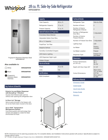 Whirlpool WRS588FIHV Side-by-Side Refrigerator Specification Sheet ...