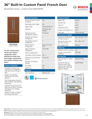 Bosch B36IT905NP Built-In French Door Refrigerator Specification Sheet ...
