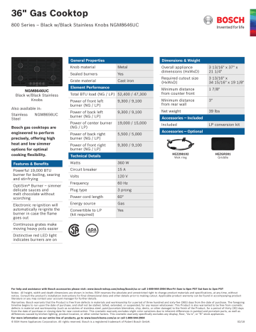 Bosch NGM8646UC Gas Cooktop Specification Sheet | Manualzz