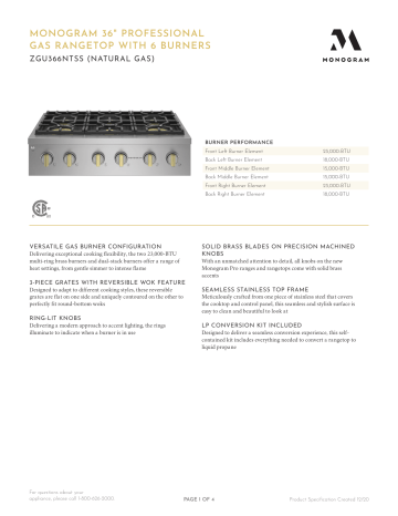 Monogram ZGU366NTSS Rangetop Specification Sheet | Manualzz
