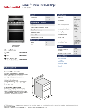 KitchenAid KFGD500EWH Gas Range Specification Sheet | Manualzz