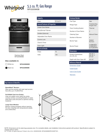 Whirlpool WFG320M0BB Gas Range Specification Sheet | Manualzz