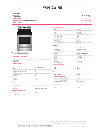Frigidaire FCRE3052AS Electric Range Specifications | Manualzz