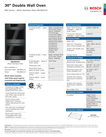 Bosch HBL8642UC Double Wall Oven Specification Sheet | Manualzz