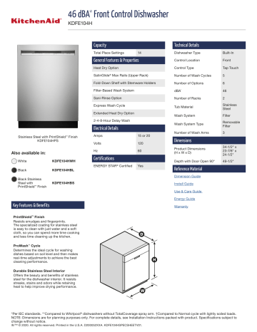 KitchenAid KDFE104HPS Dishwasher Specification Sheet | Manualzz