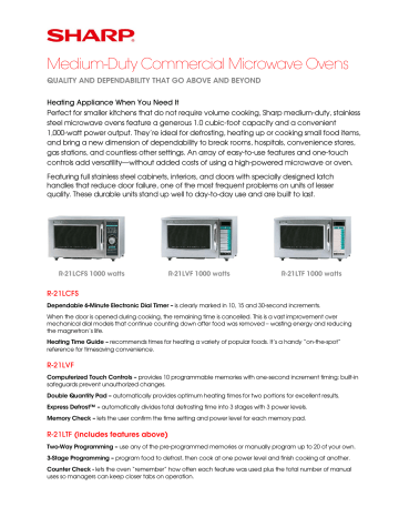 Sharp R-21LCFS Commercial Microwave Specification Sheet | Manualzz