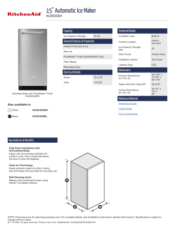 KitchenAid KUIX335HPS Ice Maker Specification Sheet | Manualzz