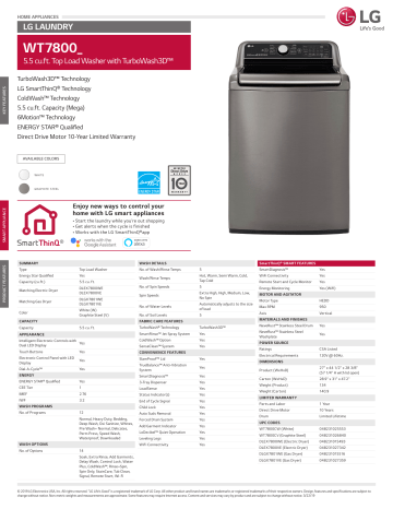 LG WT7800CW Top Load Washer Specifications | Manualzz