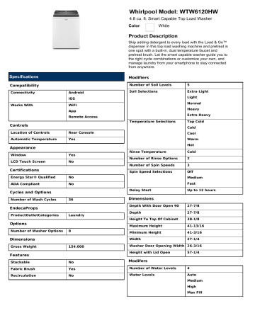 Whirlpool WTW6120HW Top Load Washer Specification Sheet | Manualzz