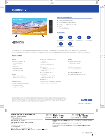 Samsung UN75TU8000FXZA Ultra HD 4K TV Specification Sheet | Manualzz