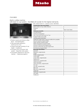 Miele CVA6805 Coffee Maker Specification | Manualzz