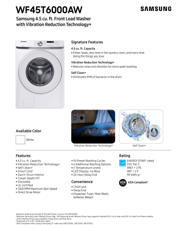 Samsung WF45T6000AW Washer Specification | Manualzz