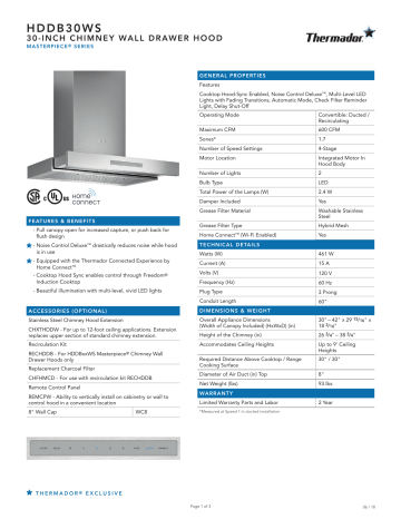 Thermador HDDB30WS Range Hood Specification | Manualzz