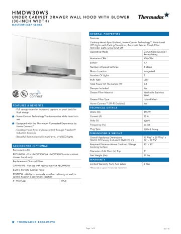 Thermador HMDW30WS Range Hood Specification | Manualzz