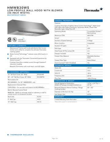 Thermador HMWB30WS Range Hood Specification | Manualzz