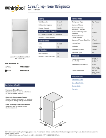 Whirlpool WRT148FZDM Refrigerator Specification | Manualzz