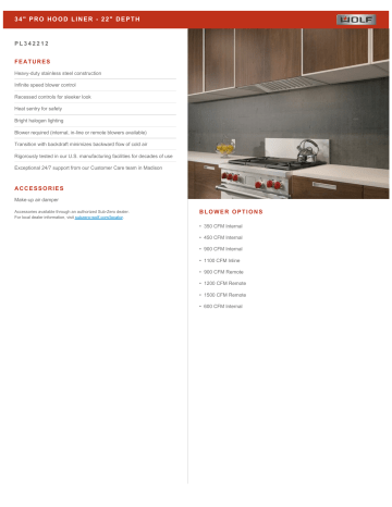 Wolf PL342212 Range Hood Specification | Manualzz