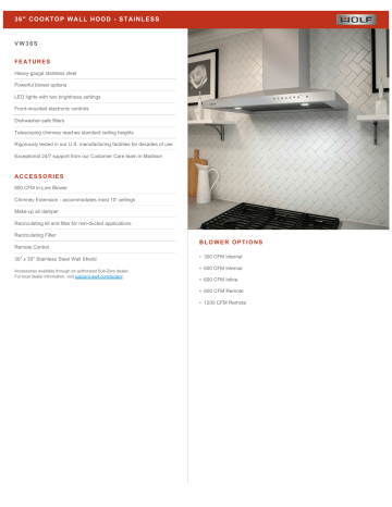 Wolf VW36S Range Hood Specification | Manualzz