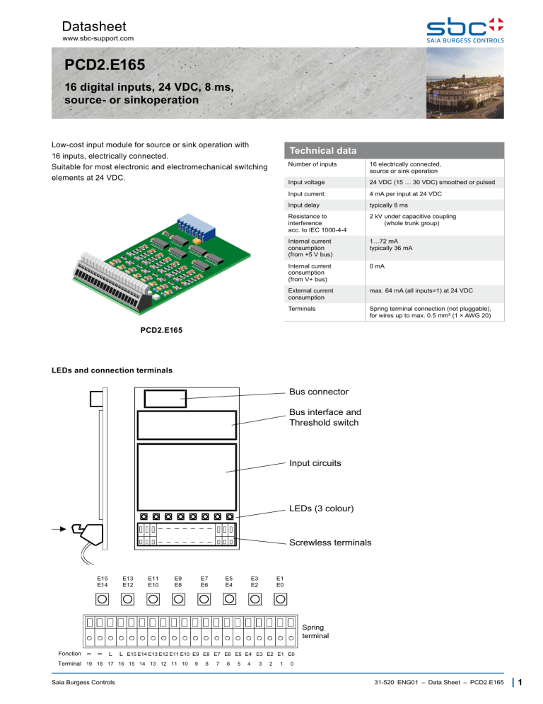 SBC PCD2.E165 Dig. inp. module, 16 inp., 24 VDC, 8 ms Datasheet | Manualzz