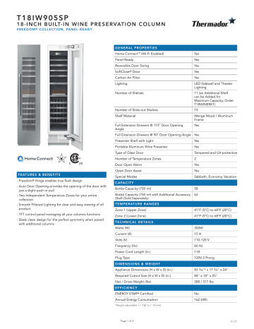 Thermador T18IW905SP Wine cooler Specification Sheet | Manualzz