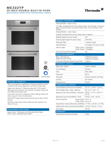 Thermador ME302YP Double Wall Oven Specification Sheet | Manualzz