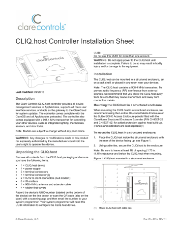 Clare Controls CLIQ.host Installation Sheet | Manualzz