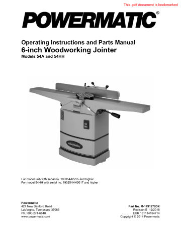 Adjustments. Powermatic 54HH Jointer, 1HP 1PH 115/230V, 54a, 54HH, 54A ...