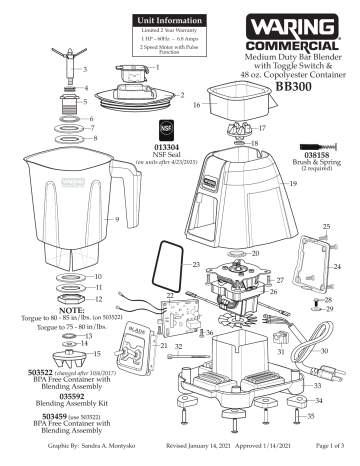 Waring BB300 Waring Blade Series 1 HP Blender Parts Diagram | Manualzz